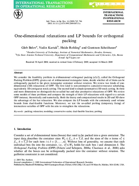 Pdf One Dimensional Relaxations And Lp Bounds For Orthogonal Packing Gleb Belov