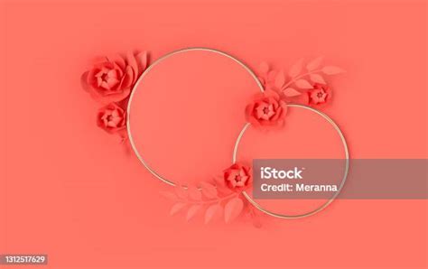 3d 렌더링 기하학적 모양 꽃과 종이 예술 스타일의 잎 연단 제품 프레젠테이션을 위한 플랫폼 배경 모의 미니멀 한 디자인 파스텔 및 골드 색상의 추상적 구성 개념에 대한