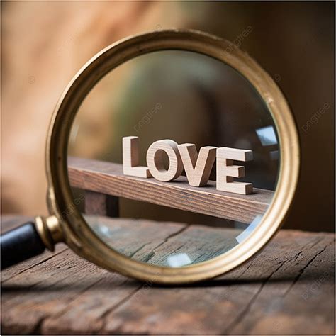원형 금색 프레임과 섬세한 손잡이가 있는 골동품 돋보기는 굵은 글씨로 사랑을 표현하는 일련의 글자에 초점을 맞춘 소박한 나무 표면에 놓여 있습니다 유리 사랑 렌즈 배경