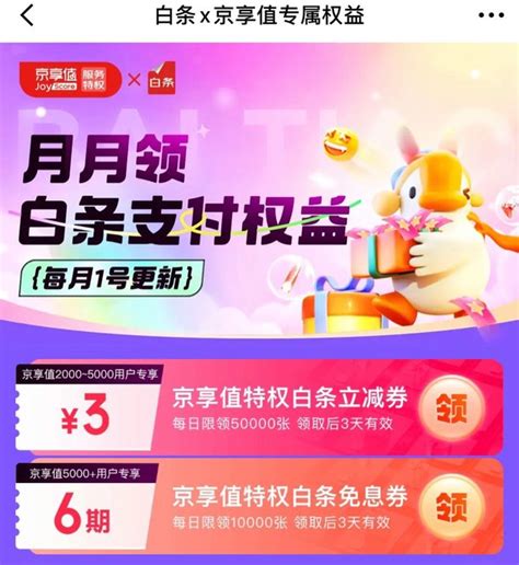 支付京东 白条x京享值专属权益 领取3元白条立减券 什么值得买