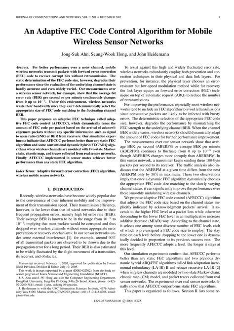 Pdf An Adaptive Fec Code Control Algorithm For Mobile Wireless Sensor Networks