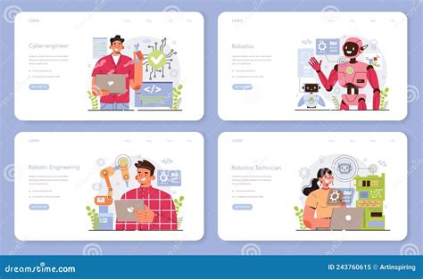 Cyber Engineering Web Banner Or Landing Page Set Robotics Constructing