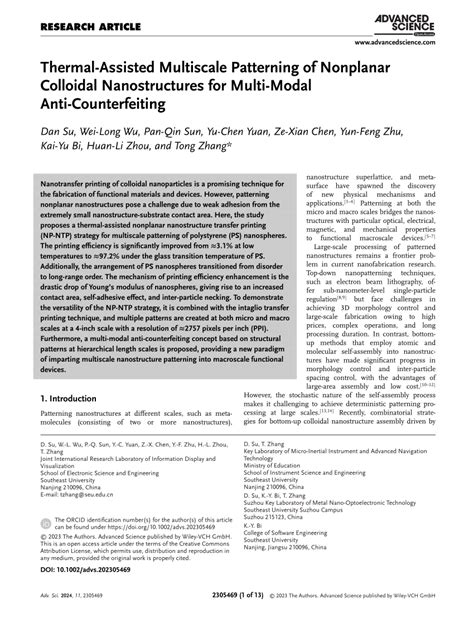 Pdf Thermal‐assisted Multiscale Patterning Of Nonplanar Colloidal Nanostructures For Multi