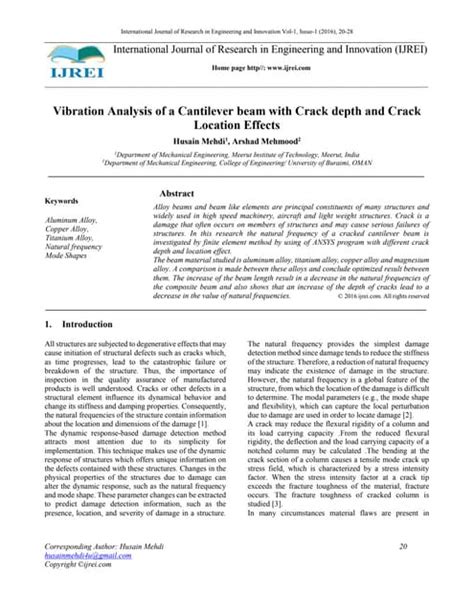 Vibration Analysis Of A Cantilever Beam With Crack Depth And Crack Location Effects Pdf