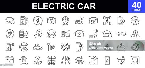 전기 자동차 아이콘 세트 전기 자동차와 관련된 선형 아이콘 모음입니다 배터리 생태학 전기 자동차 충전소 차량 등 벡터 일러스트 레이 션 0명에 대한 스톡 벡터 아트 및 기타