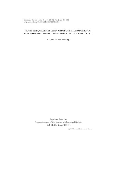 Pdf Some Inequalities And Absolute Monotonicity For Modified Bessel Functions Of The First Kind