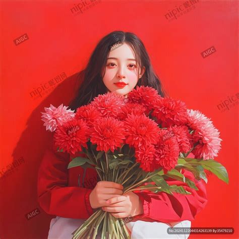 Ai创作图红裙少女戴花女孩 红色系复古 Ins复古红黑金 高级红色花艺配色 红墙少女 文艺范红色 红运当头花儿开 小红花壁画 大红花艺手绘 红毛衣少女 网红款壁画 拿花的女生 Ins花门 喜庆