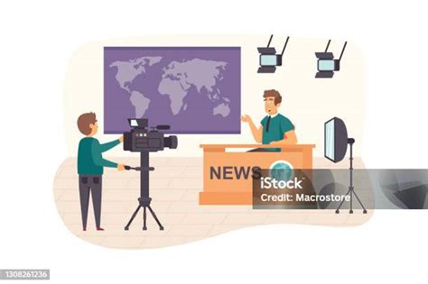 텔레비전 세계 뉴스 프로그램 장면을 촬영 스튜디오에서 남자 발표자와 운영자 녹화 비디오 저널리즘 대중 매체 및 언론 개념 평면