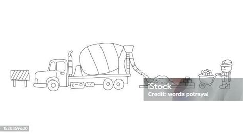 손으로 그린 벡터 일러스트레이션 컬러 어린이 건설 세트 시멘트 믹서 트럭은 건설 노동자가 손수레를 밀면서 시멘트를 붓고 있다 귀여운 중장비 건설 운송 차량 시멘트 혼합기에