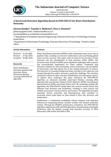 pdf a novel leak detection algorithm based on svm cnn gt for water