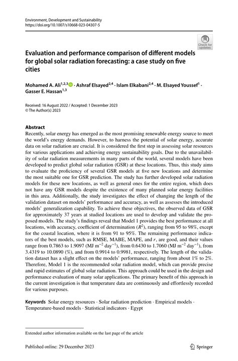 Pdf Evaluation And Performance Comparison Of Different Models For Global Solar Radiation