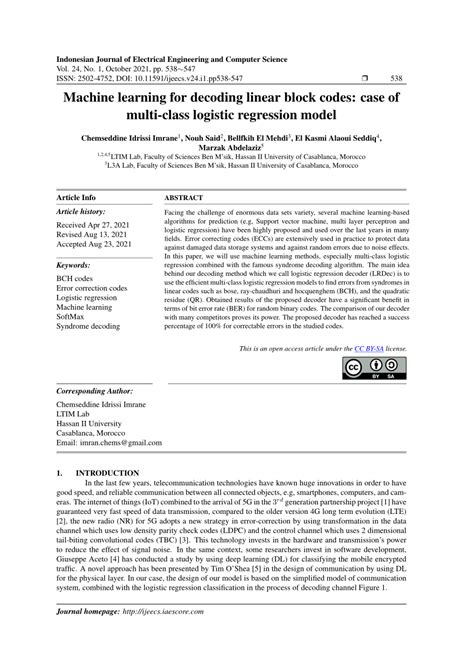 Pdf Machine Learning For Decoding Linear Block Codes Case Of Multi Class Logistic Regression