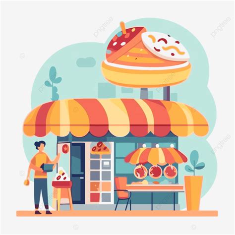 베이커리 상업 개념 만화의 파이 가게 문자 벡터 일러스트 레이 션 옆에 서있는 소년 광고 클립 아트 광고 클립 아트 만화 Png 일러스트 및 벡터 에 대한 무료