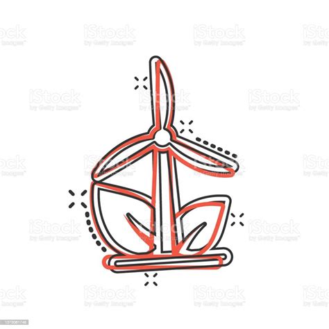 코믹 스타일의 에코 에너지 아이콘 잎 풍력 발전소 만화 벡터 일러스트 화이트 고립 된 배경에 전기 스플래시 효과 사인 비즈니스 개념 개념에 대한 스톡 벡터 아트 및 기타