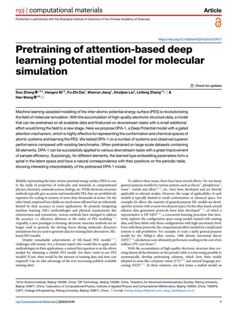 Pdf Pretraining Of Attention Based Deep Learning Potential Model For Molecular Simulation
