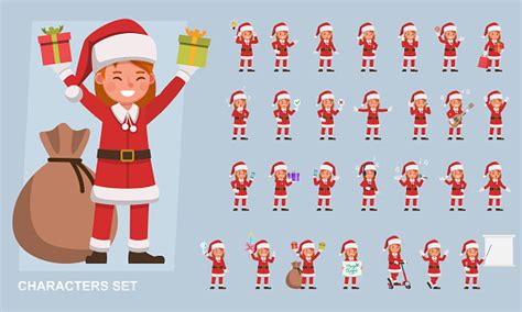 크리스마스 의상 캐릭터 벡터 디자인을 입고 아이 소녀의 세트 감정과 다양한 행동의 프리젠 테이션 12월에 대한 스톡 벡터 아트