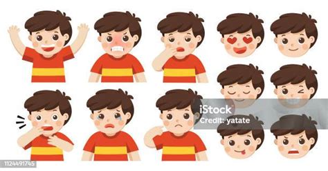 귀여운 소년 얼굴 감정의 집합입니다 다른 식으로 소년의 얼굴입니다 모범생 초상화 아바타입니다 감정 십 대 남자의 다양 한입니다 갈색 머리에 대한 스톡 벡터 아트 및 기타