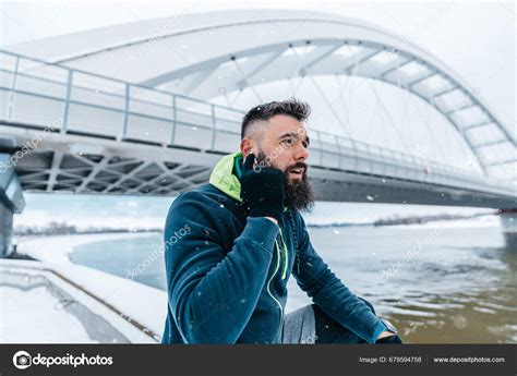 Handsome Middle Age Man Beard Using His Bluetooth Era Buds — Stock