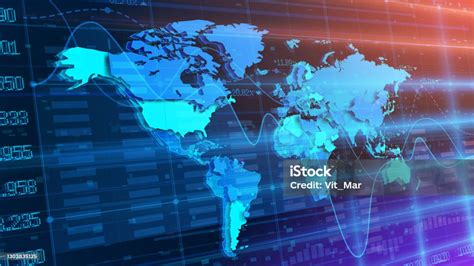 벡터 추상적 인 파란색 기술 배경 관점에서 행성 지구의지도 대륙과 국가의 윤곽 주식 차트와 가격 시세가있는 투명 모니터 3d