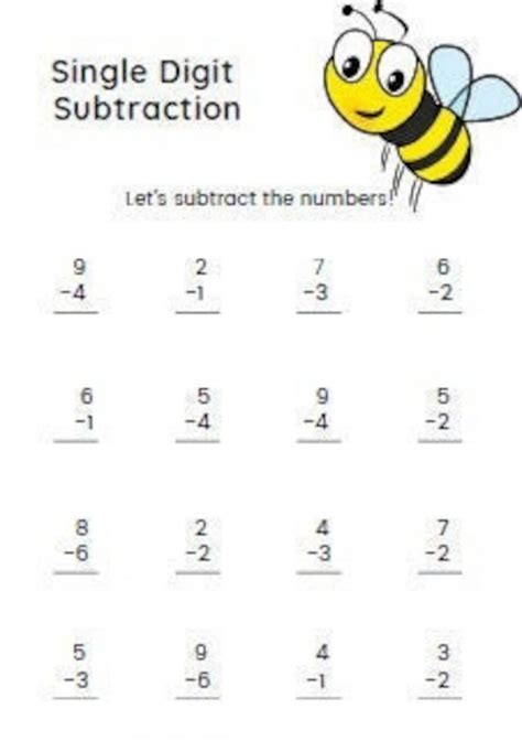 1 Digit Subtraction Worksheet Printable Pdf Template