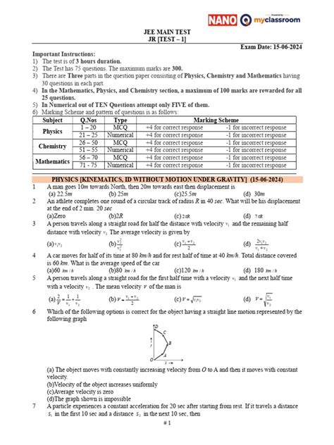 Jr Mains Test 01 Qp Mpc Key And Sol Pdf Velocity Acceleration