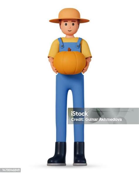 작업복 모자 고무 장화를 신은 농부는 호박 전면 보기 3d 그림을 들고 있습니다 정원사 남자의 3d 그림은 흰색 배경에 격리된 호박을 들고 있다 3차원 형태에 대한 스톡