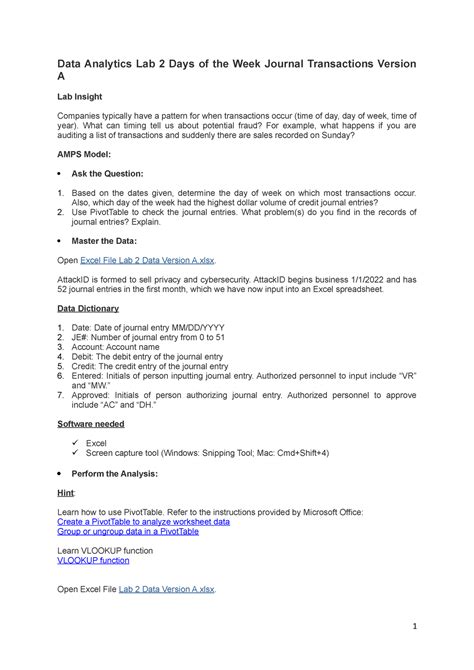 Data Analytics Lab Version A Answers Data Analytics Lab Days Of The Week Journal