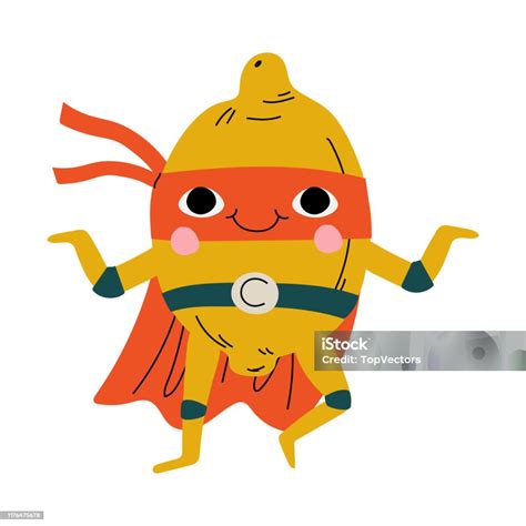 마스크와 케이프 의상 벡터 일러스트레이트에서 재미있는 과일 만화 캐릭터에 귀여운 슈퍼 히어로 레몬 감귤류 과일에 대한 스톡 벡터