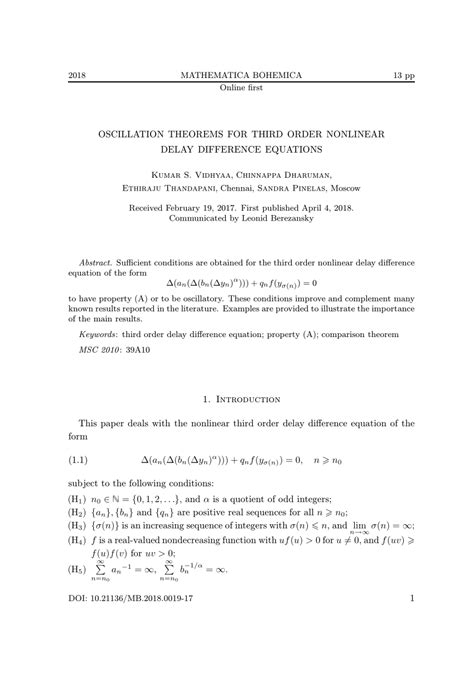 Pdf Oscillation Theorems For Third Order Nonlinear Delay Difference Equations