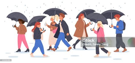 우산을 쓴 빗속의 캐릭터 우산 아래를 걷는 사람들 장마철 걷는 평면 벡터 일러스트 레이 션 세트 만화 여성과 우산 아래를 걷는 남성 걷기에 대한 스톡 벡터 아트 및 기타
