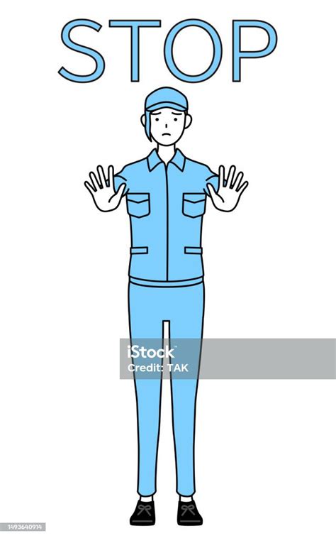 모자를 쓰고 작업복을 입은 여자가 몸 앞에 손을 내밀고 정지 신호를 보낸다 거절에 대한 스톡 벡터 아트 및 기타 이미지 거절