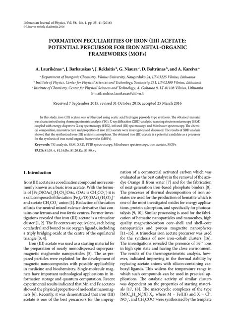 Pdf Formation Peculiarities Of Iron Iii Acetate Potential Precursor For Iron Metal Organic