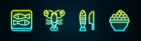 세트 라인 통조림 생선 랍스터 얇게 썬 조각과 캐비어를 곁들인 생선 빛나는 네온 아이콘입니다 벡터 갈고리 발톱에 대한 스톡 벡터 아트 및 기타 이미지 Istock