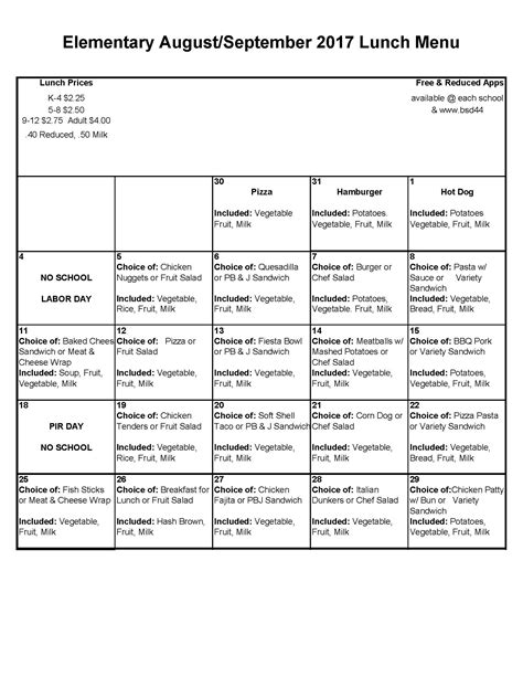 Elementary School Menu Design