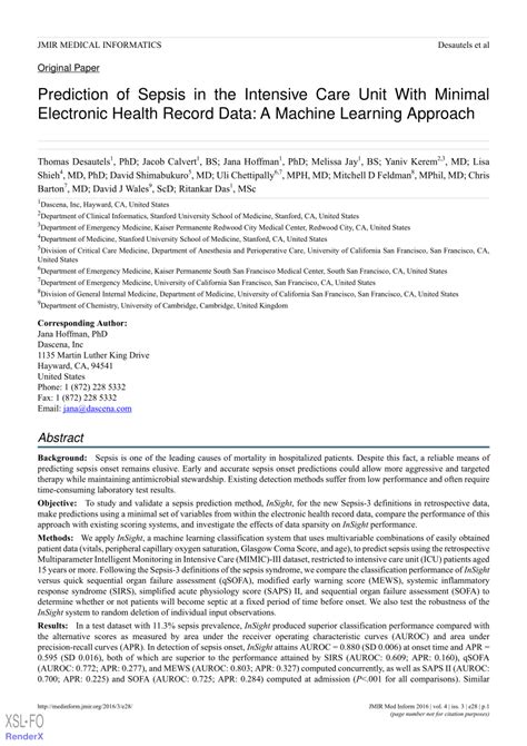 Pdf Prediction Of Sepsis In The Intensive Care Unit With Minimal Electronic Health Record Data