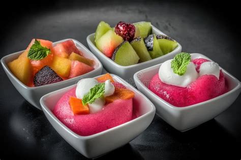 Colorful Assorted Fruit Sorbet With Fresh Mint Garnish In White Bowls