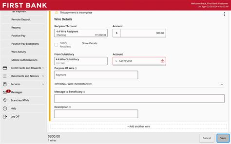 Adding Domestic Wire Template Demo First Bank