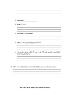 Sexual Health Test With Answers By All Class Teachers TpT