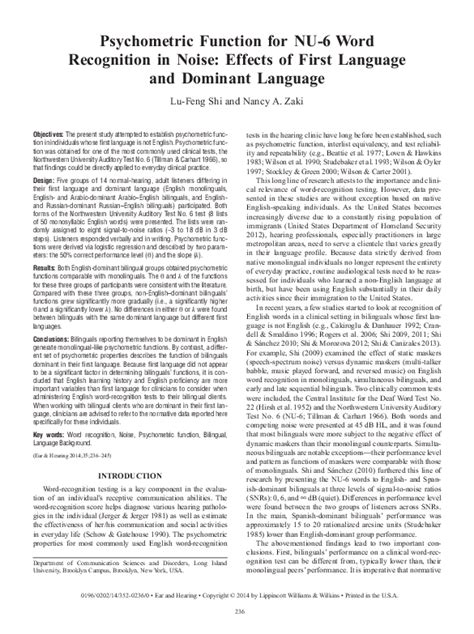 Pdf Psychometric Function For Nu 6 Word Recognition In Noise