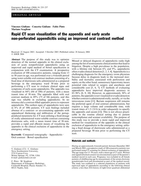 Pdf Rapid Ct Scan Visualization Of The Appendix And Early Acute Non Perforated Appendicitis