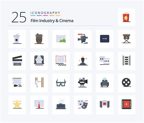 Cenima 25 Flat Color Icon Pack Including Director Chair Cinema Scene