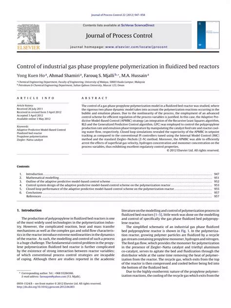 Pdf Control Of Industrial Gas Phase Propylene Polymerization In Fluidized Bed Reactors