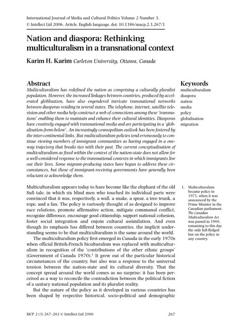 Pdf Nation And Diaspora Rethinking Multiculturalism In A Transnational Context