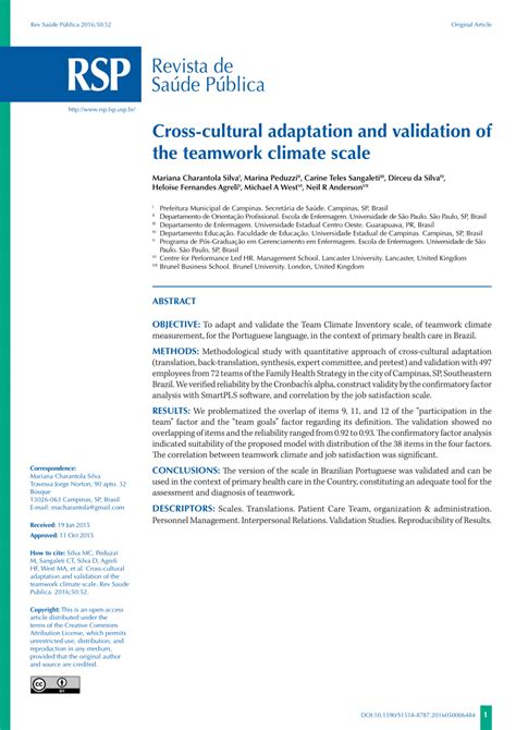 Pdf Transcultural Adaptation And Validation Of The Team Climate Inventory