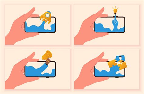 로켓화면 전화 스타트업 손과 전구가 있는 비즈니스 아이디어 메가폰을 장착한 모바일 광고 퍼즐로 직원 채용 개념에 대한 스톡 벡터