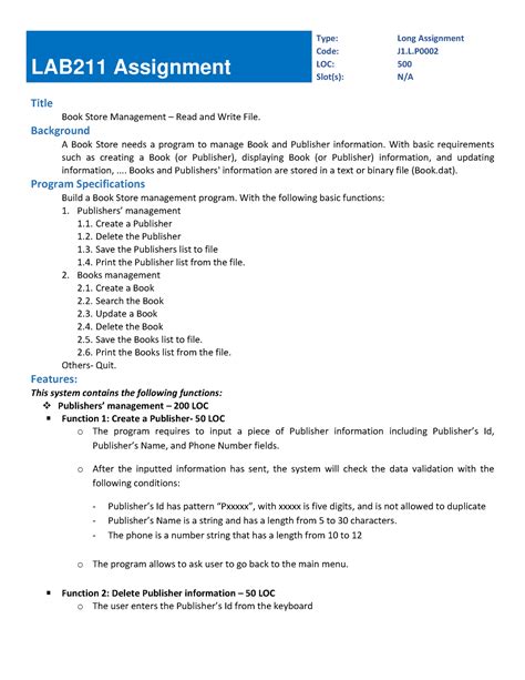 J1lp0019 Book Store Management 500loc Lab211 Assignment Type Long Assignment Code J1l