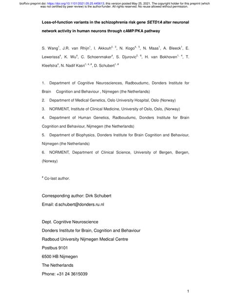 Pdf Loss Of Function Variants In The Schizophrenia Risk Gene Setd1a Alter Neuronal Network