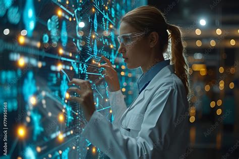 Scientist With A Tablet Analyzing A DNA Sequence In A Futuristic Laboratory Concept Of Genomics