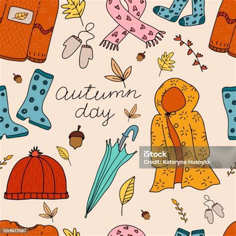 베이지 색 배경에 가을과 겨울 따뜻하고 아늑한 니트 옷의 벡터 매끄러운 패턴 가을 시즌 의류 및 액세서리 플랫 디자인 쉽게 편집할 수 있는 클리핑 마스크를 사용했습니다 배경