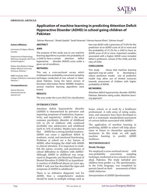 Pdf Application Of Machine Learning In Predicting Attention Deficit Hyperactive Disorder Adhd